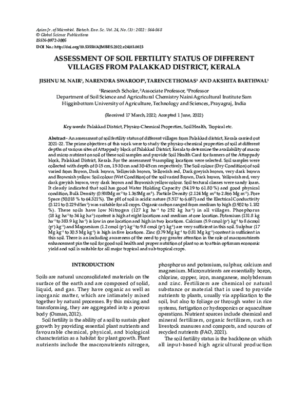 (PDF) Assessment of Soil Fertility Status of Different Villages from Palakkad District, Kerala