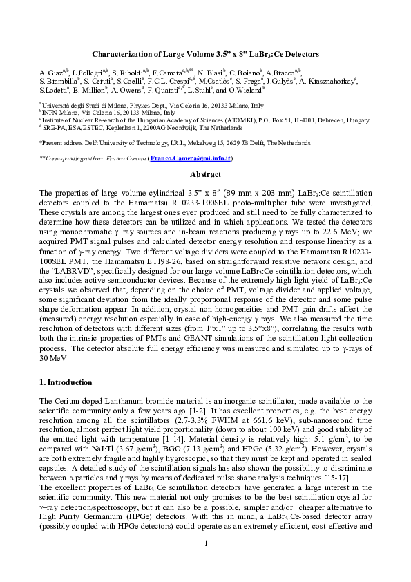 (PDF) Characterization of large volume 3.5″×8″ LaBr3:Ce detectors