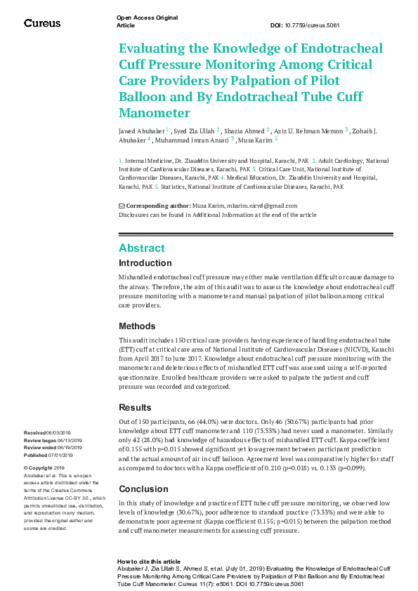 (PDF) Evaluating the Knowledge of Endotracheal Cuff Pressure Monitoring ...