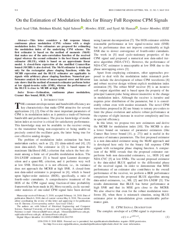 Pdf On The Estimation Of Modulation Index For Binary Full Response