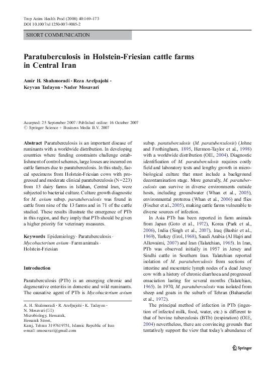 (PDF) Paratuberculosis in Holstein-Friesian cattle farms in Central Iran
