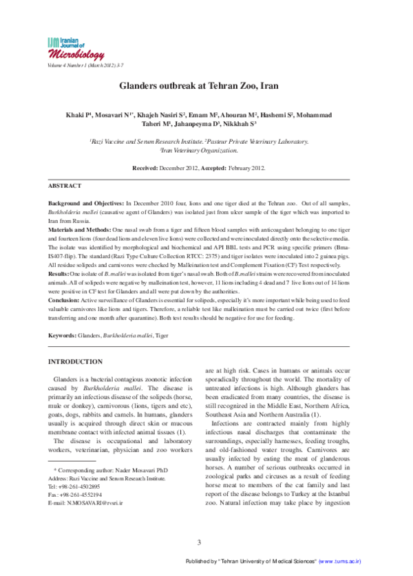 (PDF) Glanders outbreak at Tehran Zoo, Iran