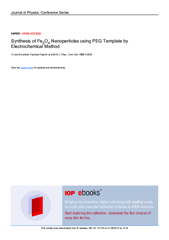 Pdf Synthesis Of Fe3o4 Nanoparticles Using Peg Template By Electrochemical Method