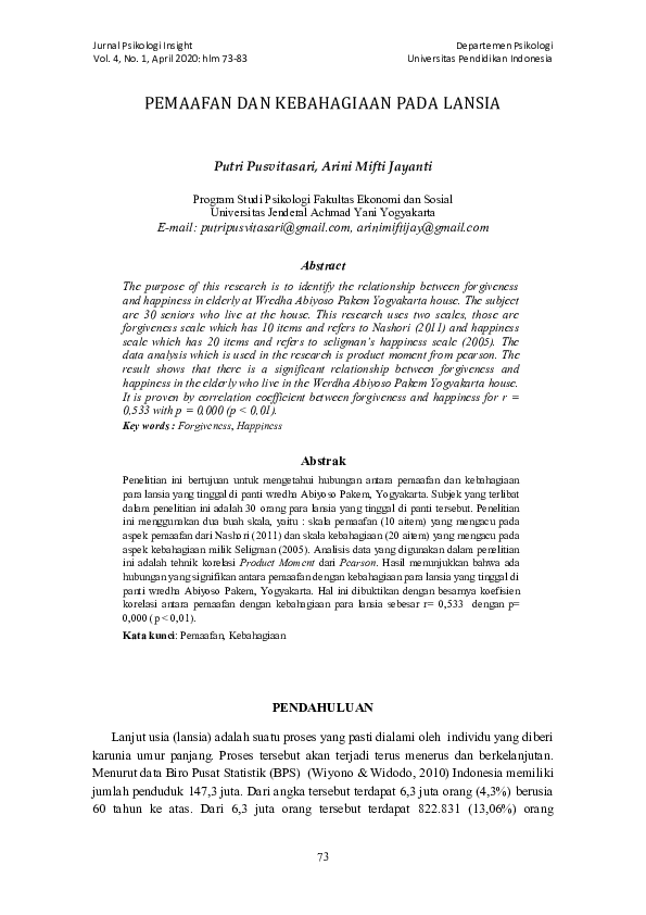 (PDF) Pemaafan Dan Kebahagiaan Pada Lansia (PDF) Pemaafan Dan Kebahagiaan Pada Lansia