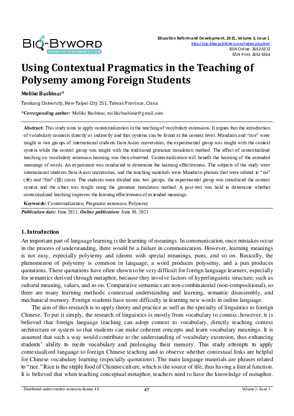 (PDF) Using Contextual Pragmatics in the Teaching of Polysemy among Foreign Students