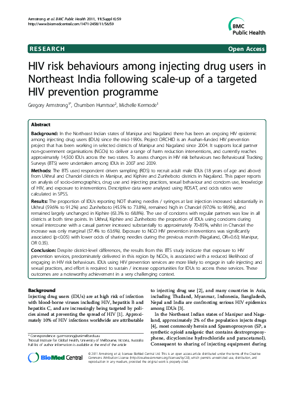 (PDF) HIV risk behaviours among injecting drug users in Northeast India ...