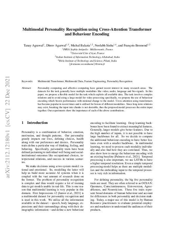 (PDF) Multimodal Personality Recognition using Cross-attention Transformer and Behaviour Encoding
