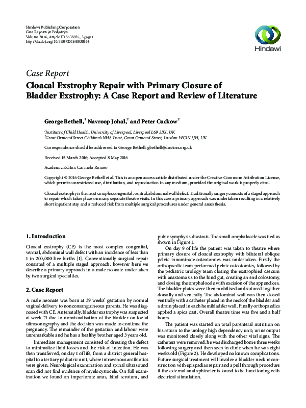 (PDF) Cloacal Exstrophy Repair with Primary Closure of Bladder ...