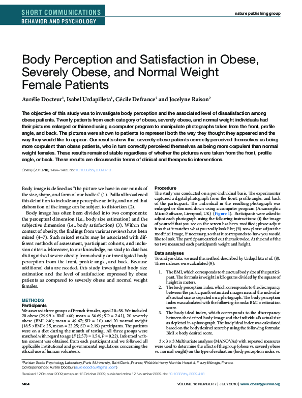 (PDF) Body Perception and Satisfaction in Obese, Severely Obese, and ...