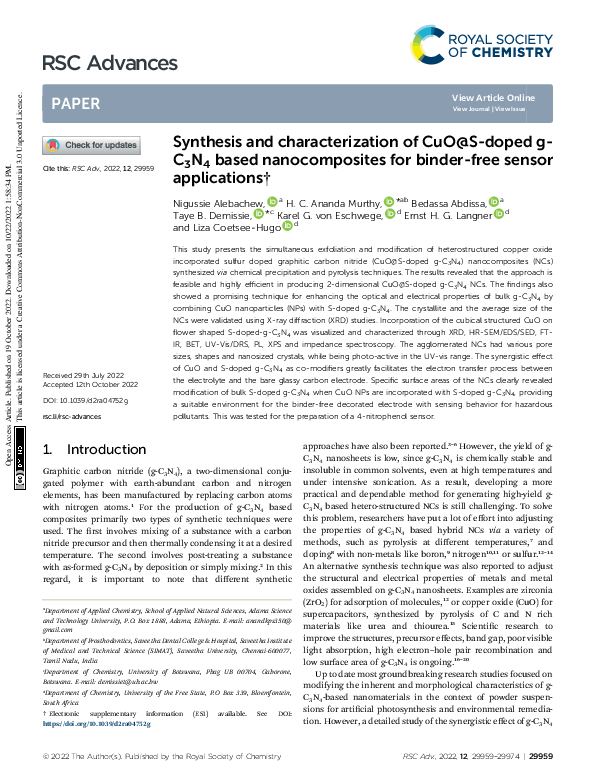 (PDF) Synthesis and characterization of CuO@S-doped g-C3N4 based ...