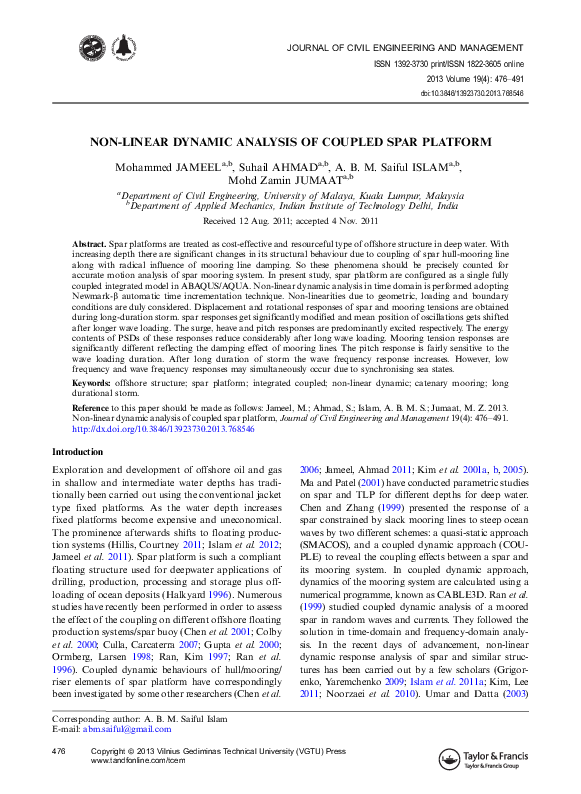 (PDF) Non-Linear Dynamic Analysis of Coupled Spar Platform