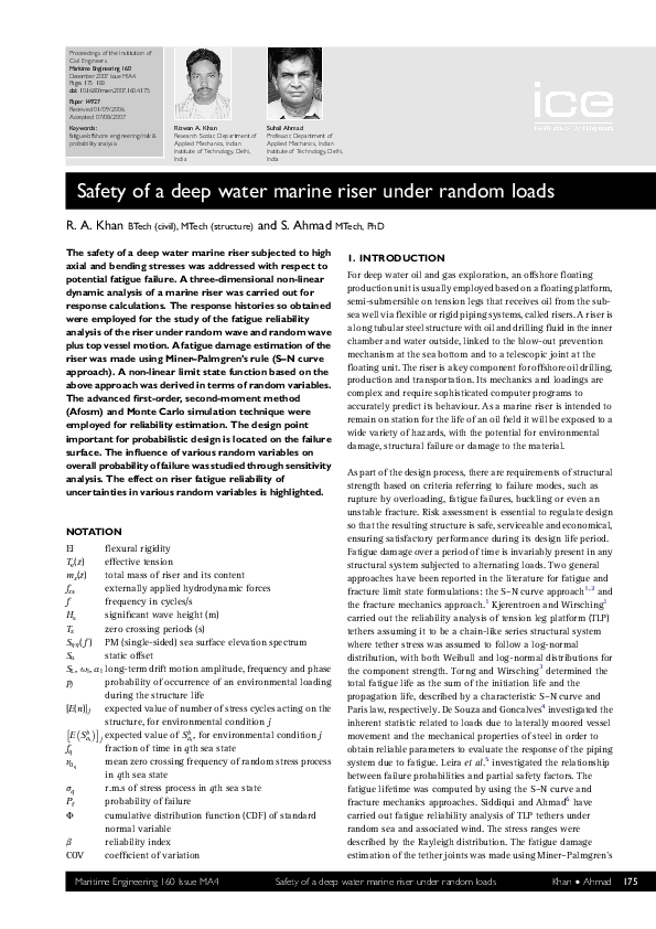 (PDF) Safety of a deep water marine riser under random loads