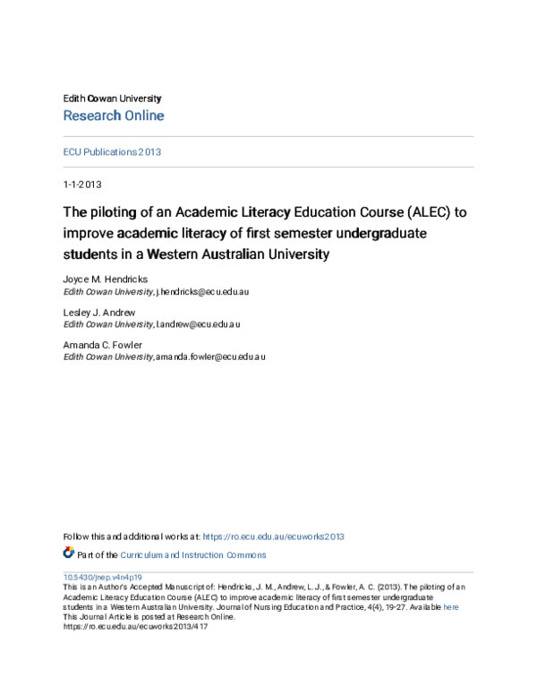 (PDF) The piloting of an Academic Literacy Education Course (ALEC) to ...