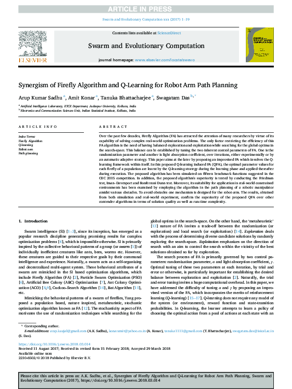 (PDF) Synergism of Firefly Algorithm and Q-Learning for Robot Arm Path Planning