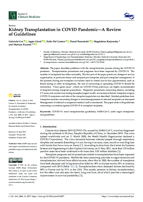 (PDF) Kidney Transplantation in COVID Pandemic—A Review of Guidelines ...