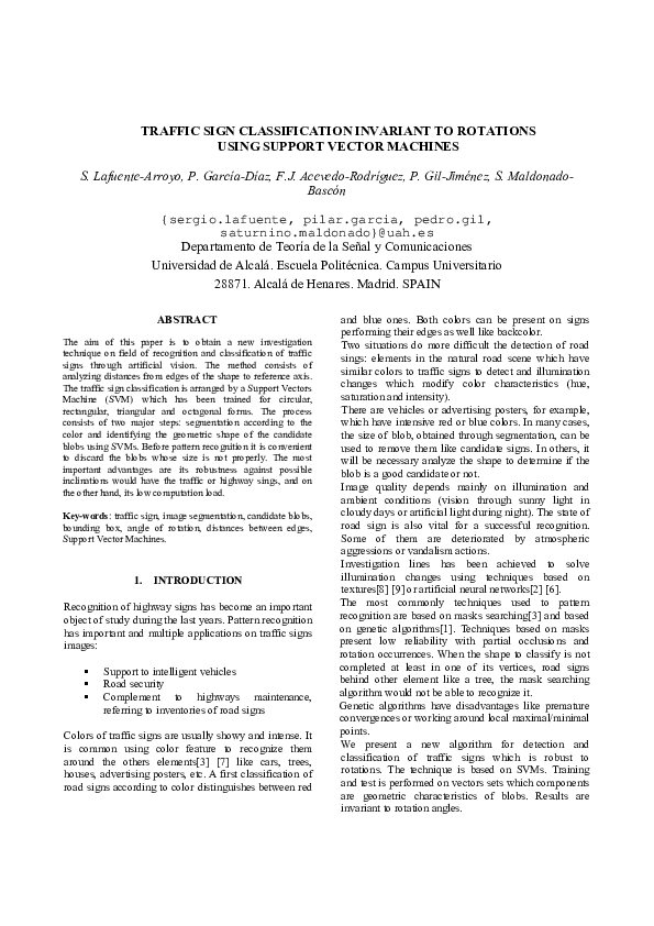 (PDF) Traffic sign classification invariant to rotations using support vector machines
