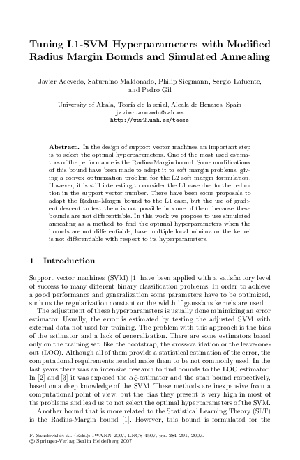 (PDF) Tuning L1-SVM Hyperparameters with Modified Radius Margin Bounds and Simulated Annealing