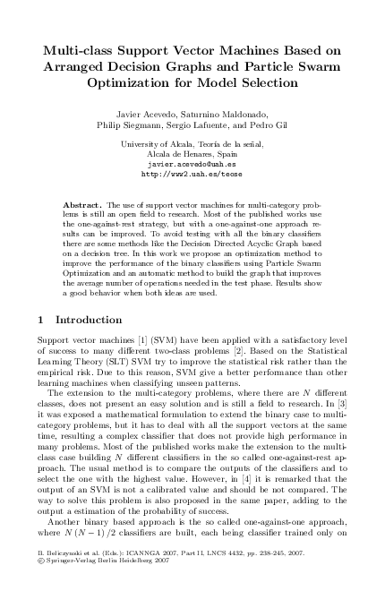 Pdf Multi Class Support Vector Machines Based On Arranged Decision Graphs And Particle Swarm