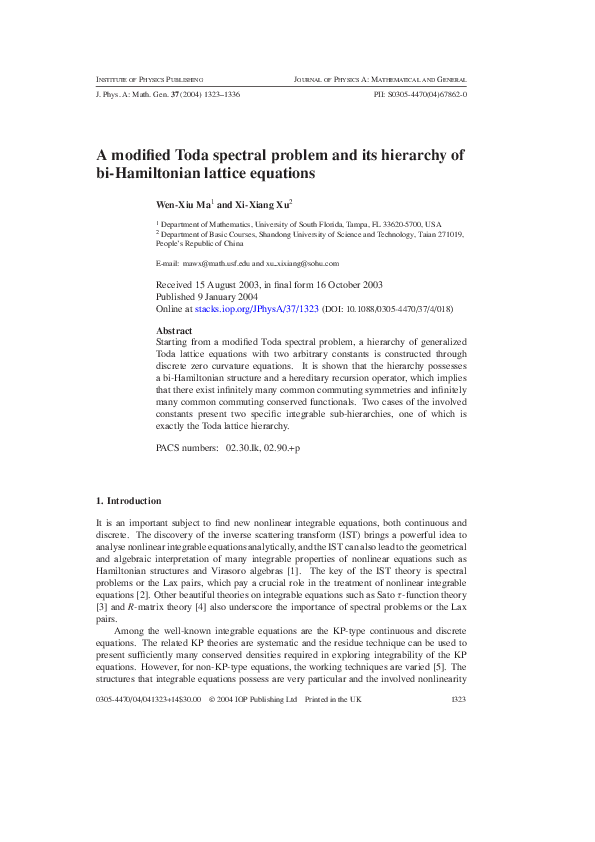 Pdf A Modified Toda Spectral Problem And Its Hierarchy Of Bi Hamiltonian Lattice Equations