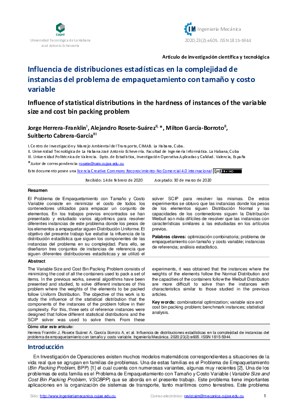 (PDF) Influencia de distribuciones estadísticas en la complejidad de instancias del problema de ...