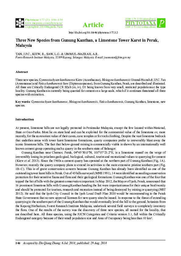 (PDF) Three New Species from Gunung Kanthan, a Limestone Tower Karst in ...
