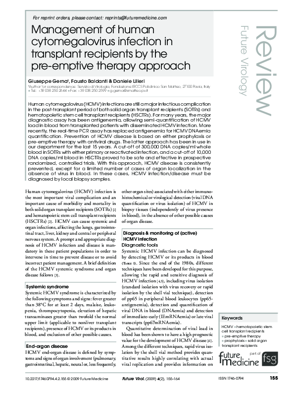 (PDF) Management of human cytomegalovirus infection in transplant ...