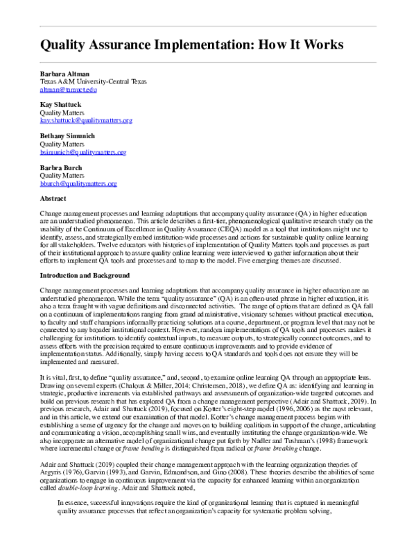 (PDF) Quality Assurance Implementation: How It Works