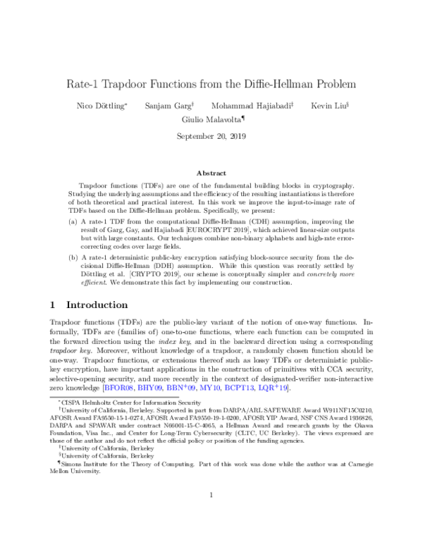 (PDF) Rate-1 Trapdoor Functions from the Diffie-Hellman Problem