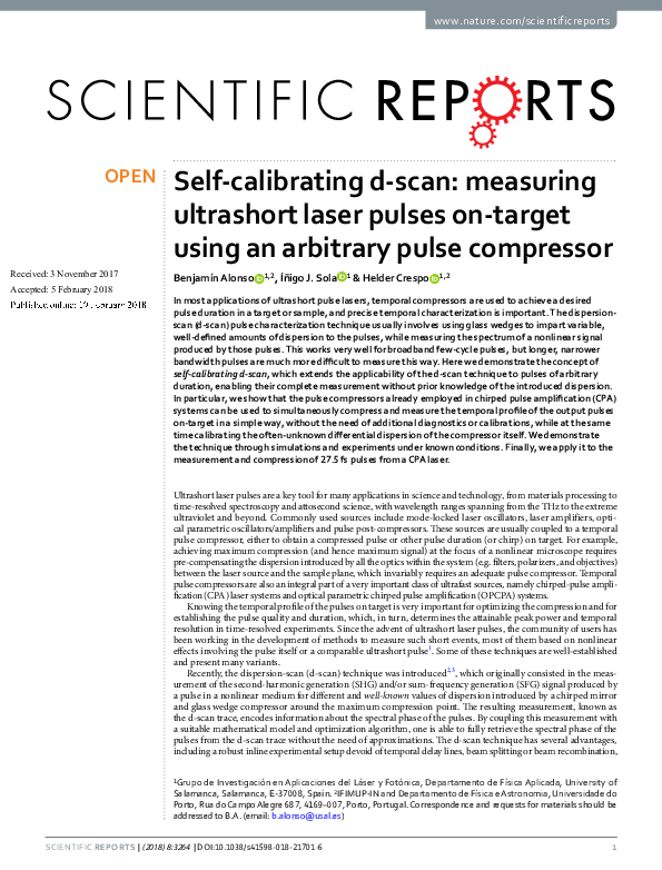 Pdf Self Calibrating D Scan Measuring Ultrashort Laser Pulses On