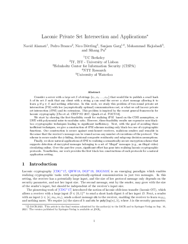 (PDF) Laconic Private Set Intersection and Applications