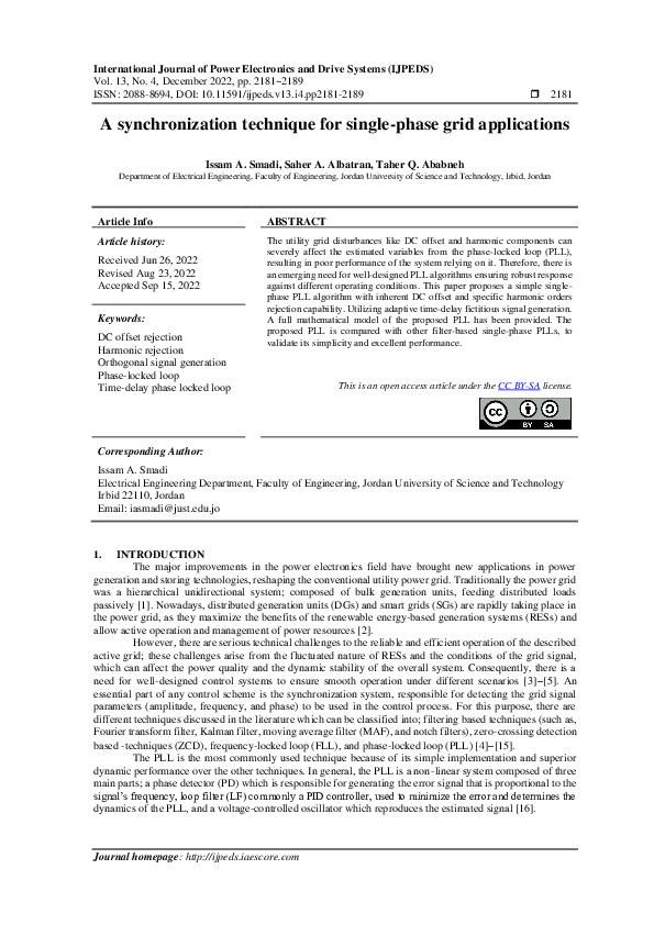 Pdf A Synchronization Technique For Single Phase Grid Applications