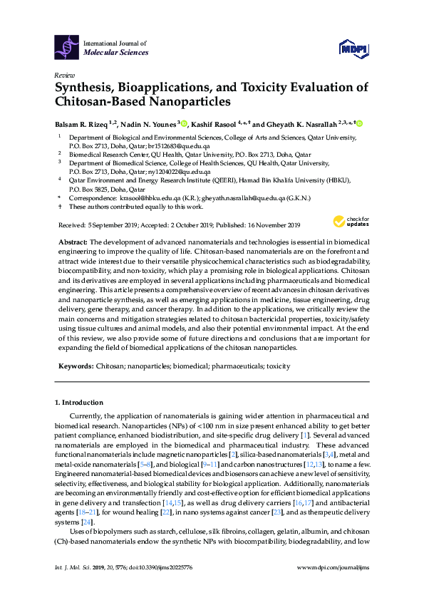 (PDF) Synthesis, Bioapplications, and Toxicity Evaluation of Chitosan-Based Nanoparticles