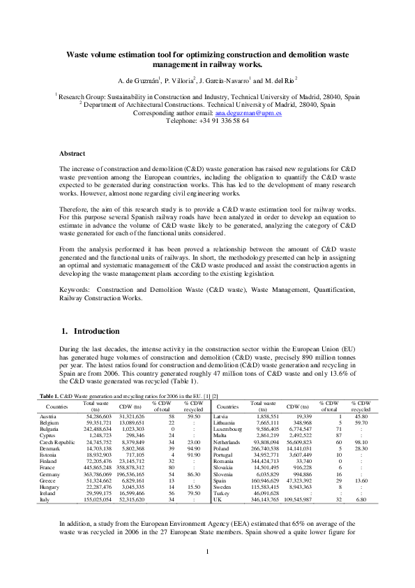 (PDF) Waste volume estimation tool for optimizing construction and ...