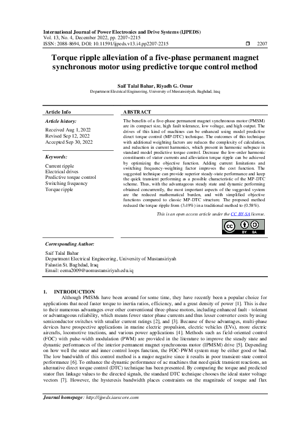 Pdf Torque Ripple Alleviation Of A Five Phase Permanent Magnet Synchronous Motor Using