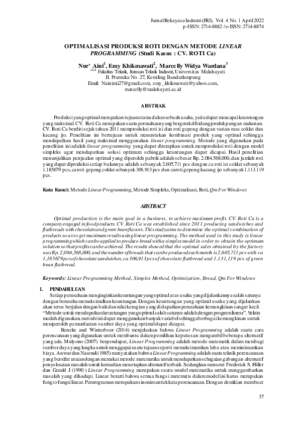 (PDF) Optimization of bread production with linear programming method (case study : CV. Roti Ca)