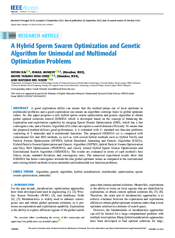 Pdf A Hybrid Sperm Swarm Optimization And Genetic Algorithm For Unimodal And Multimodal