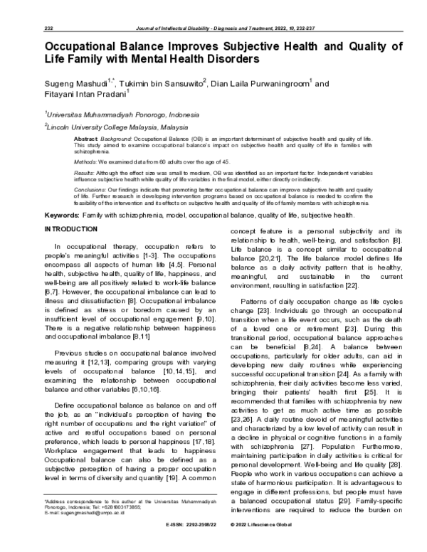 (PDF) Occupational Balance Improves Subjective Health and Quality of ...