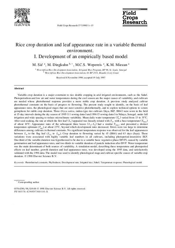 (PDF) Rice crop duration and leaf appearance rate in a variable thermal environment