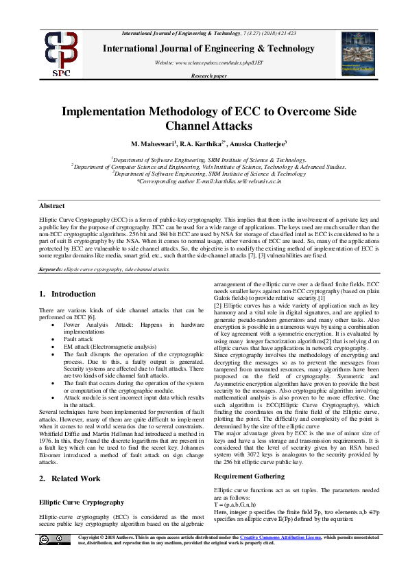 (PDF) Implementation Methodology of ECC to Overcome Side Channel Attacks | Anuska Chatterjee ...