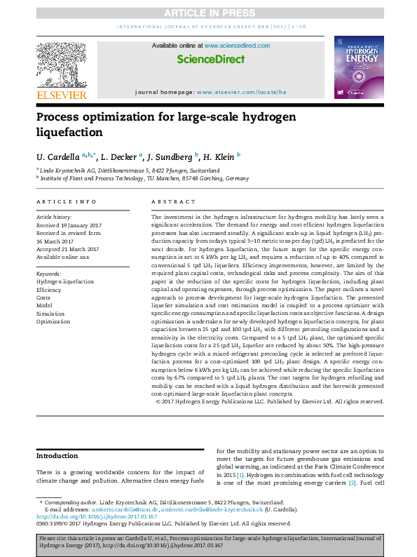 (PDF) Process optimization for large-scale hydrogen liquefaction