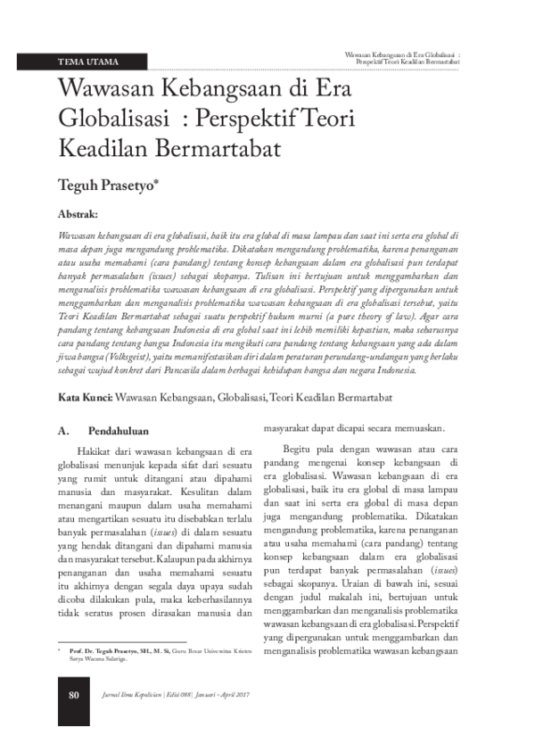 (PDF) Wawasan Kebangsaan di Era Globalisasi : Perspektif Teori Keadilan Bermartabat