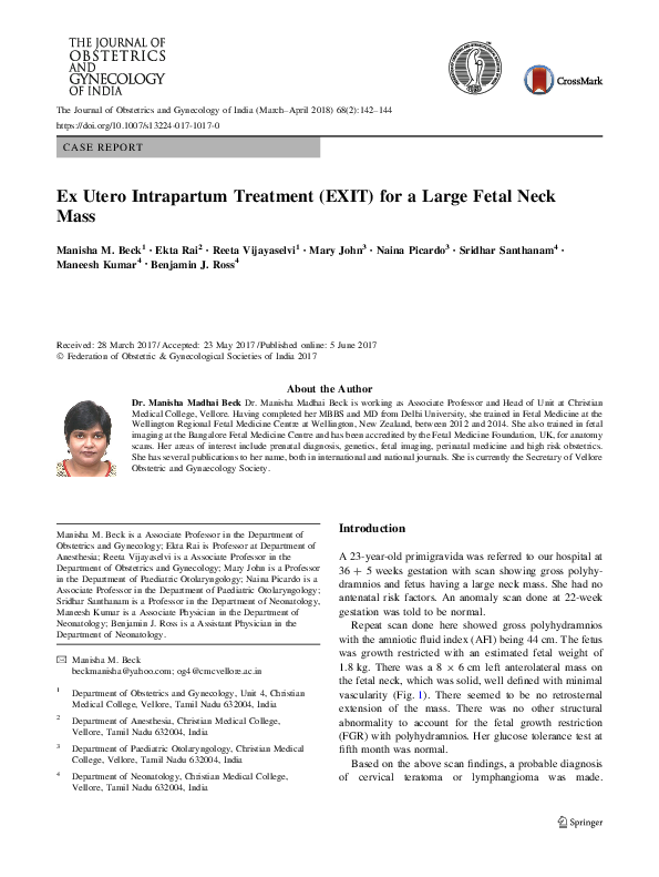 (PDF) Ex Utero Intrapartum Treatment (EXIT) for a Large Fetal Neck Mass