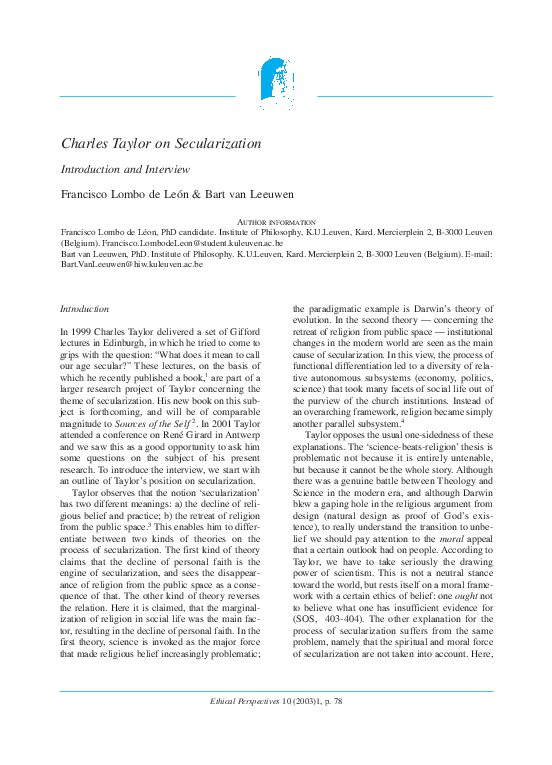 (PDF) Charles Taylor on Secularization