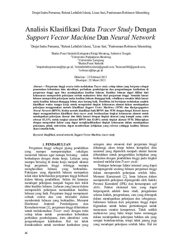 (PDF) Analisis Klasifikasi Data Tracer Study Dengan Support Vector Machine Dan Neural Network