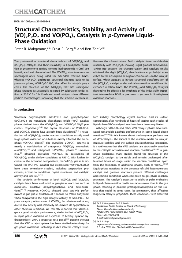 (PDF) Structural Characteristics, Stability, and Activity of (VO)2P2O7 and VO(PO3)2 Catalysts in ...
