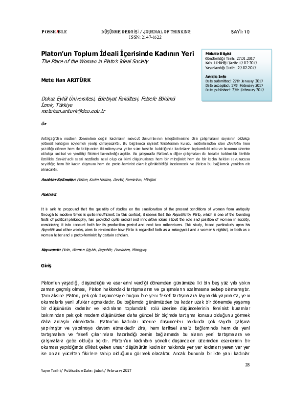 (PDF) PLATON’UN TOPLUM İDEALİ İÇERİSİNDE KADININ YERİ / The Place of ...
