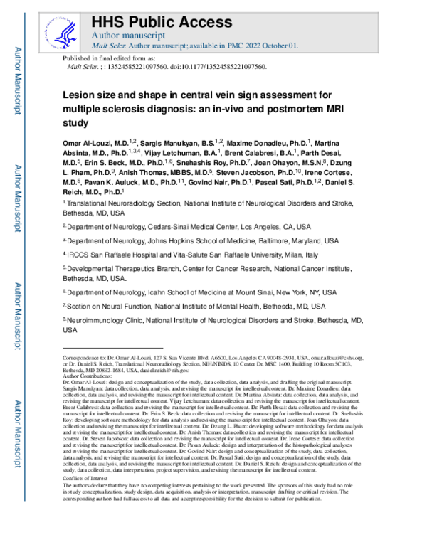 (PDF) Lesion size and shape in central vein sign assessment for multiple sclerosis diagnosis: An ...