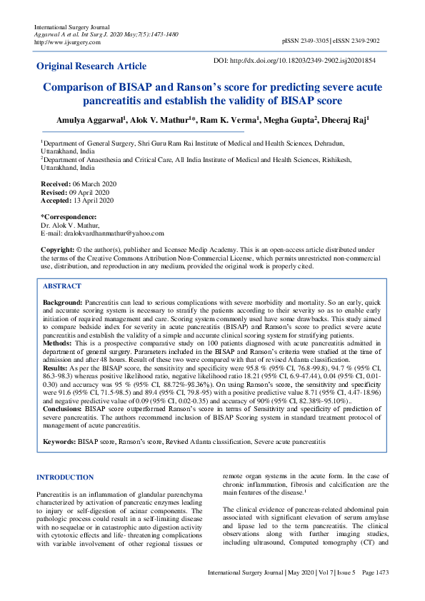 (PDF) Comparison of BISAP and Ranson’s score for predicting severe ...