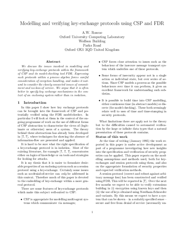 (PDF) Modelling and verifying key-exchange protocols using CSP and FDR