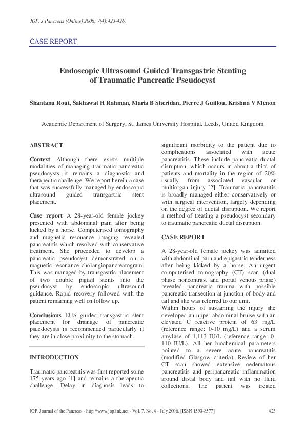 (PDF) Endoscopic ultrasound guided transgastric stenting of traumatic pancreatic pseudocyst
